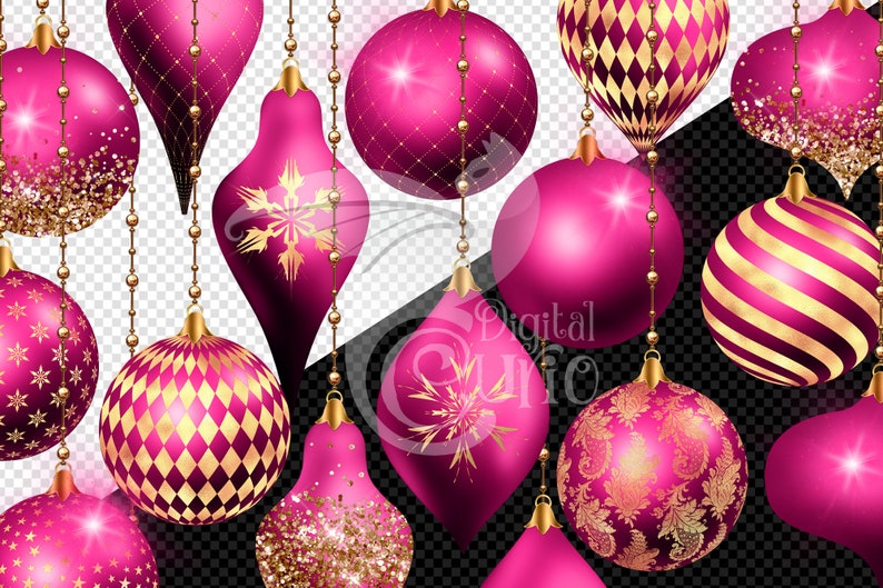 Hot Pink and Gold Christmas Ornaments Clipart Digital Glitter - Etsy