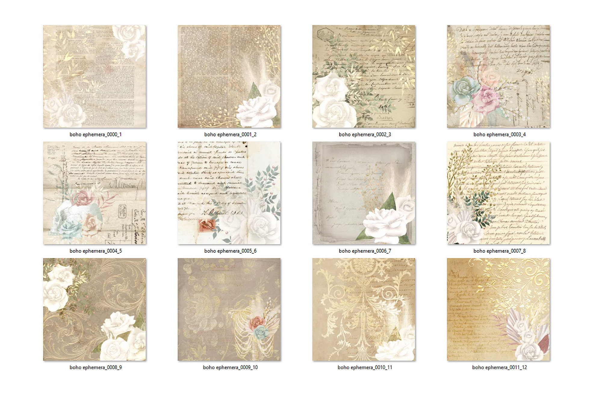 Boho Floral Ephemera Digital Paper – Rustic French Scrapbook ...