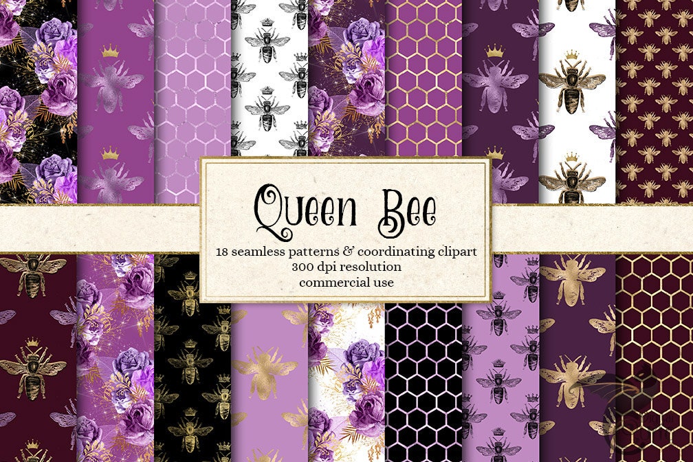 Queen Bee Digital Paper Gold Bee Clipart Seamless Patterns - Etsy