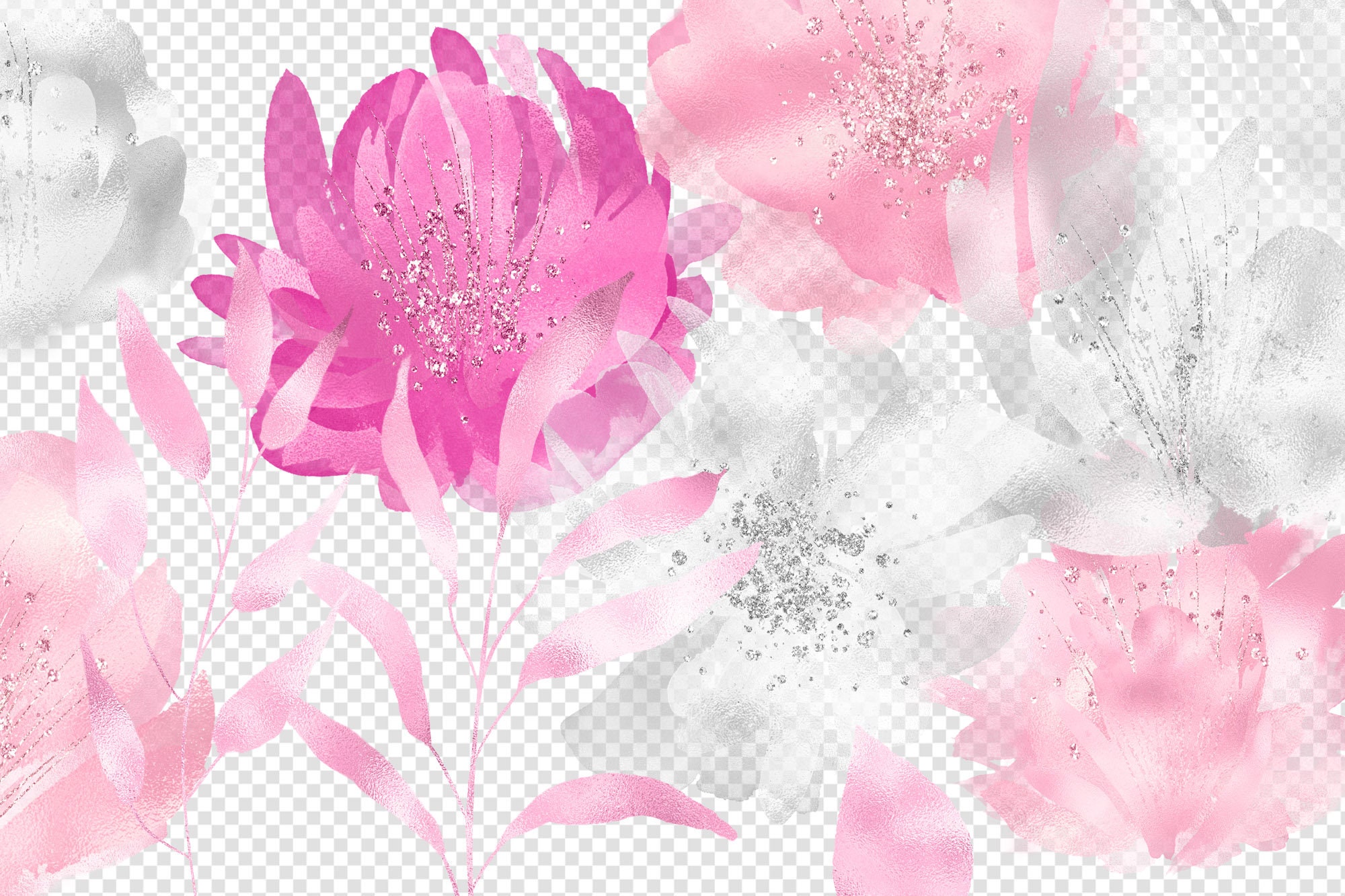 Pink and Silver Watercolor Flowers Clipart Shimmering | Etsy