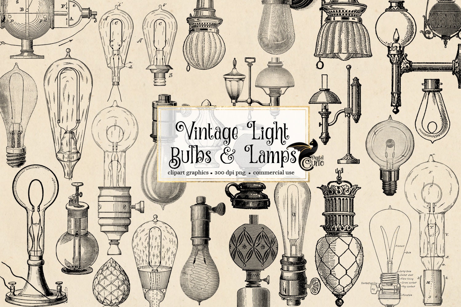 Vintage Light Bulbs and Lamps Clipart Antique Illustrations - Etsy