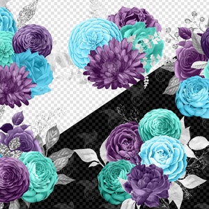 Purple and Turquoise Bouquets Clipart - Digital Floral Arrangements in ...