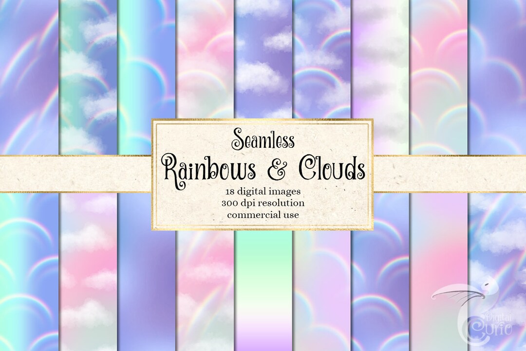 Rainbows and Clouds Digital Paper, Seamless Ombre Pastel Rainbows With ...