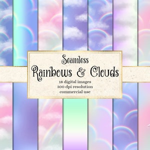 Rainbows and Clouds Digital Paper, Seamless Ombre Pastel Rainbows With ...