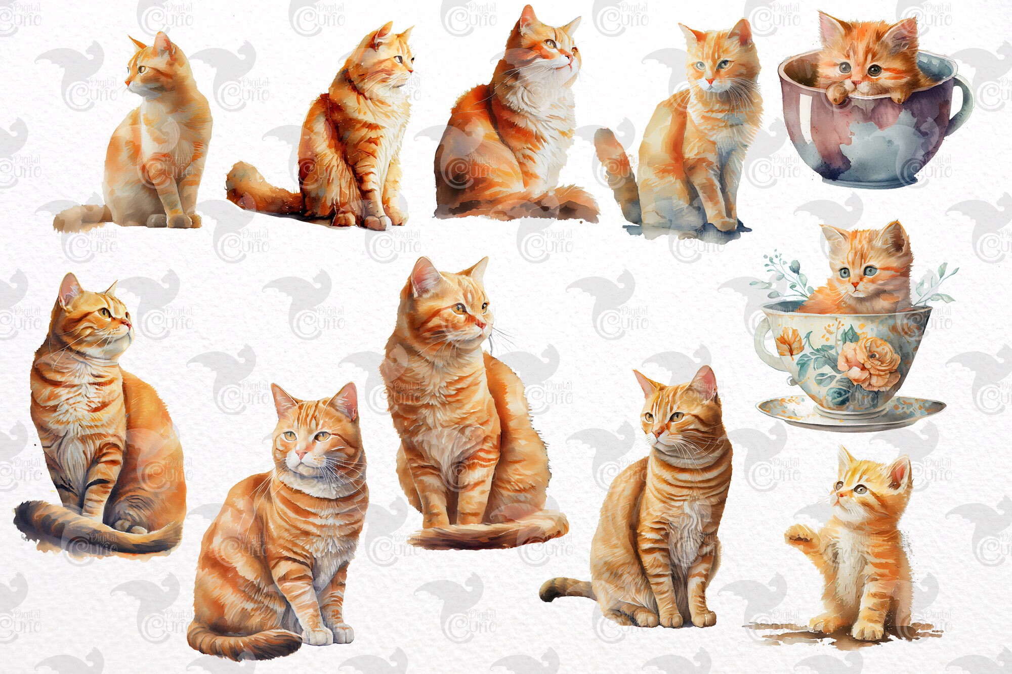 Watercolor Orange Cats Clipart Cute Floral Tabby Cats and - Etsy Singapore