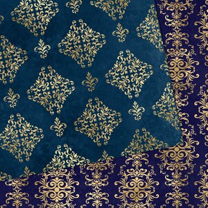 Blue and Gold Damask Digital Paper, Seamless Damask Patterns Printable ...