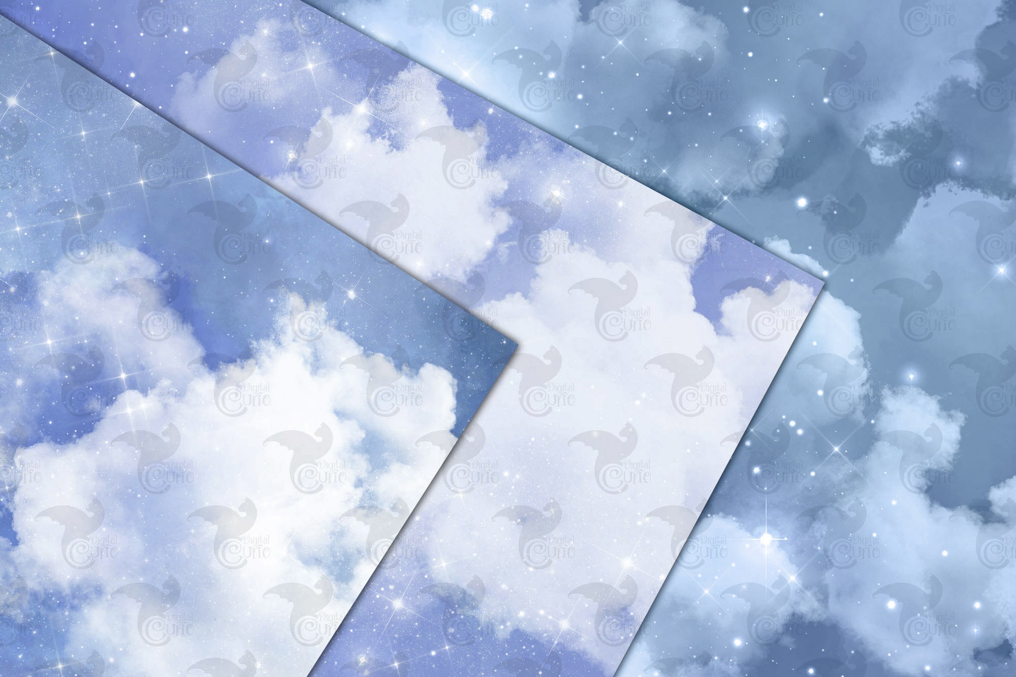 Blue Cloudy Skies Digital Paper - Stars and Clouds Galaxy Background ...