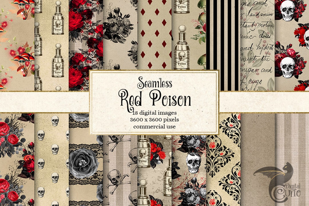 Red Poison Digital Paper, Seamless Gothic Ephemera Patterns, Vintage ...