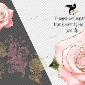 Blush and Gold Glam Rose Clip Art, Digital Instant Download Glitter ...