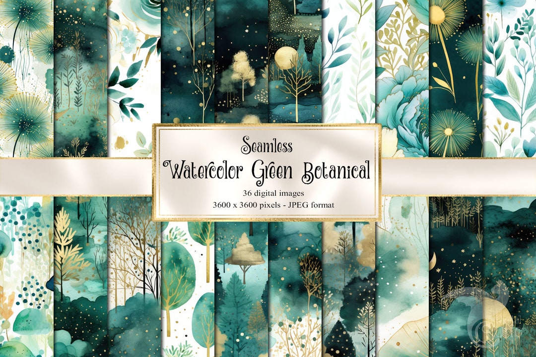 Watercolor Green Botanical Digital Paper - Seamless Floral Paint ...