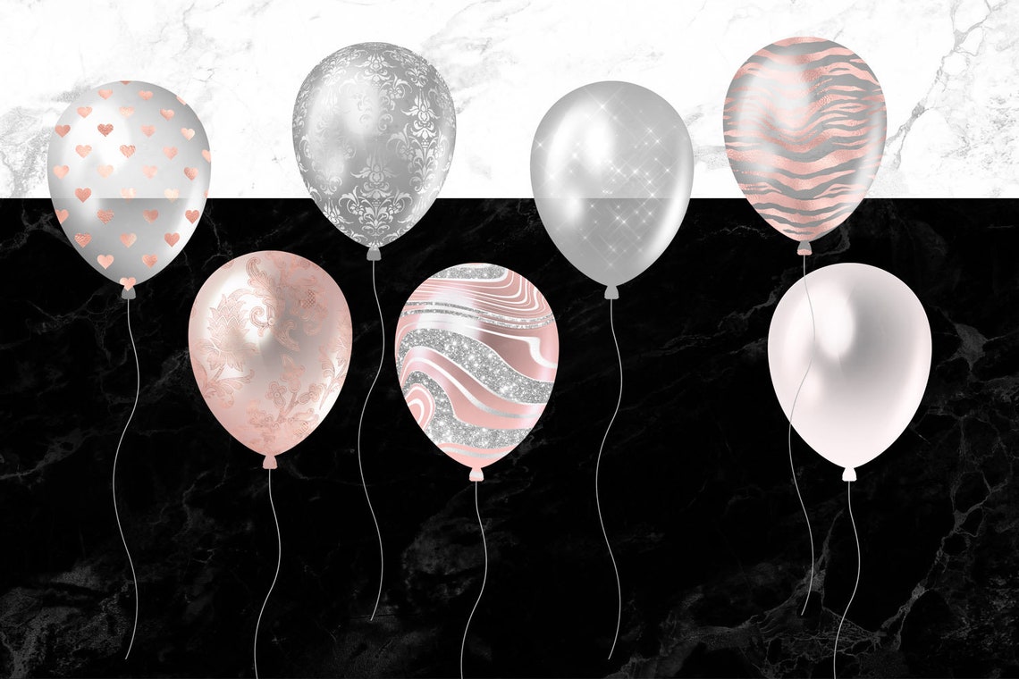 Blush and Silver Balloons Clipart, Pink Glitter Confetti (PNG, Digital ...