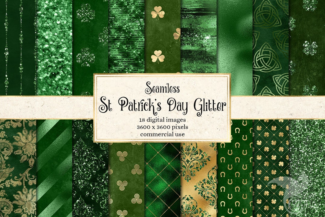 St Patrick's Day Glitter Digital Paper, Green and Gold Foil and Glitter ...