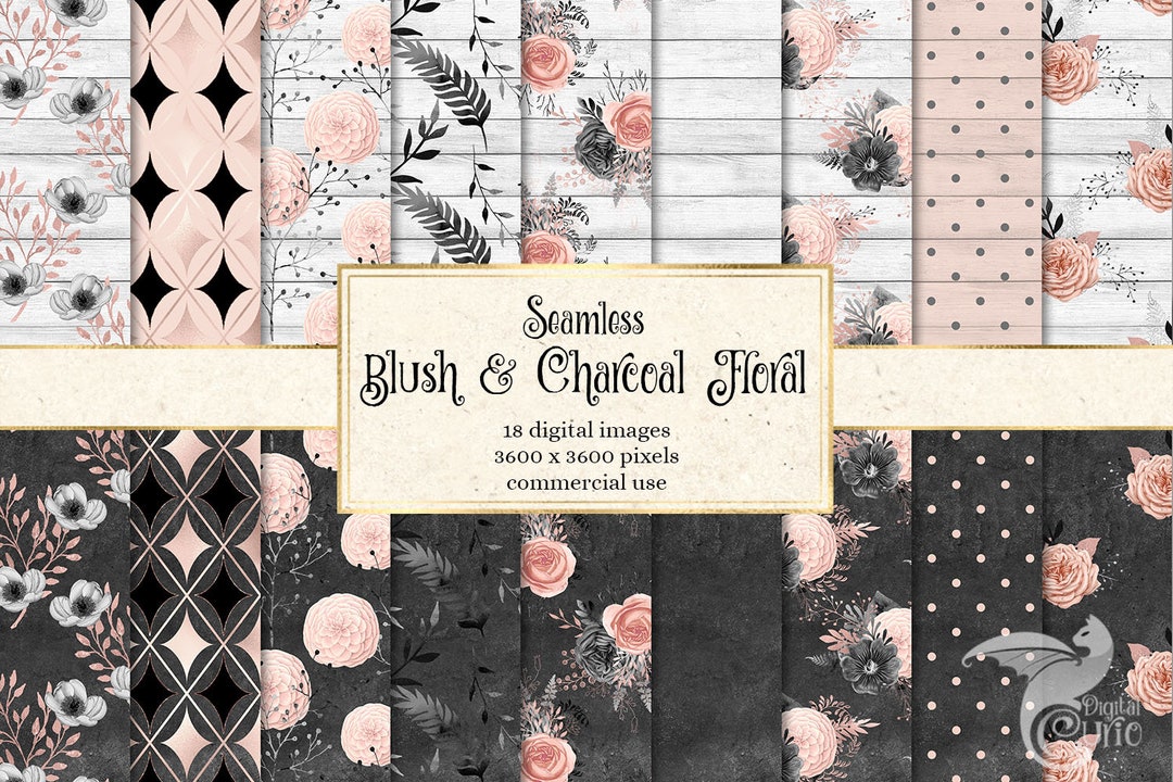 Blush and Charcoal Floral Digital Paper, Seamless Rustic Patterns ...