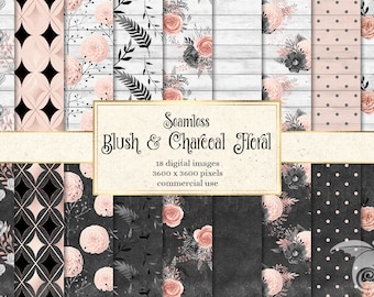 Blush and Charcoal Floral Digital Paper, Seamless Rustic Patterns ...