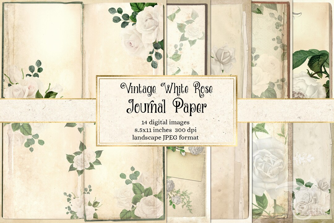 Vintage White Rose Journal Paper, Notebook Digital Paper Grunge Junk ...