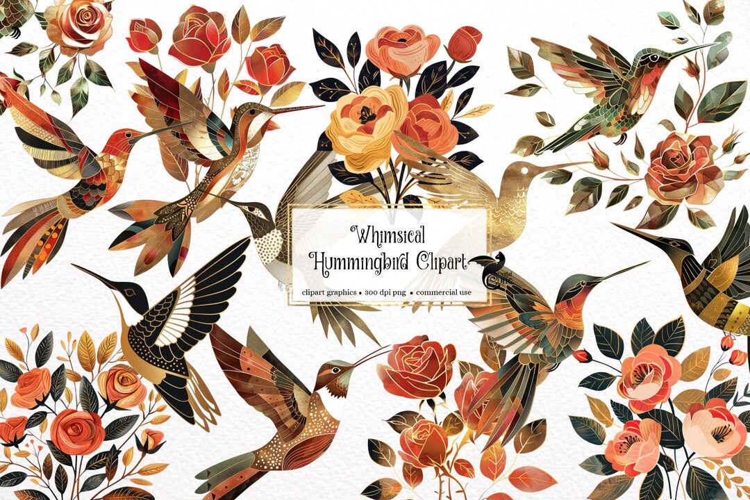 Whimsical Hummingbird Clipart – Spring Birds and Flowers (PNG, Digital ...