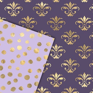 Lavender and Gold Digital Paper, Seamless Purple Gold Foil Backgrounds ...