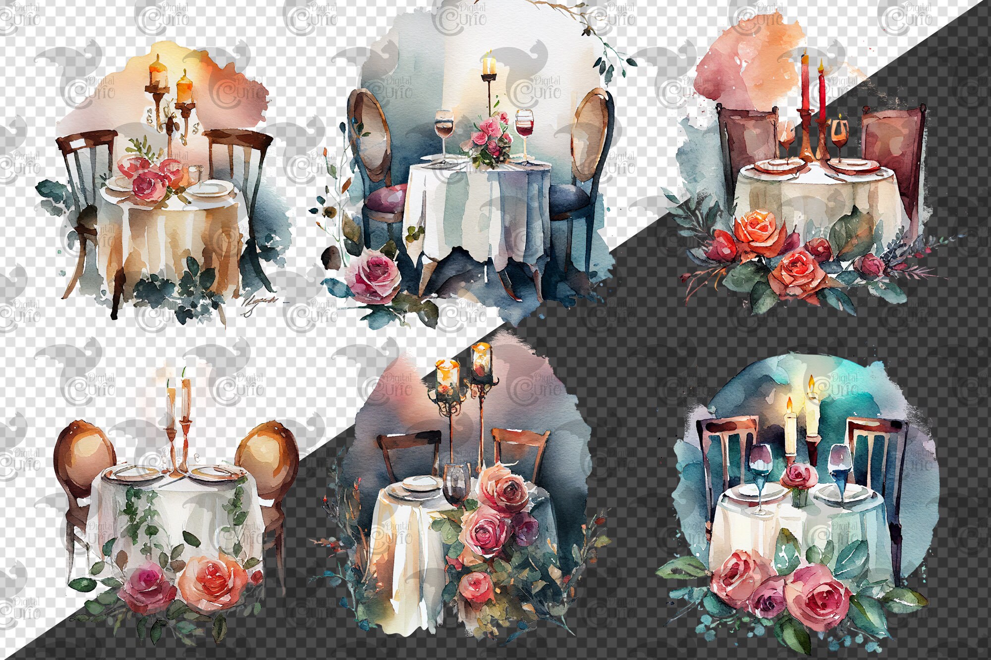 Watercolor Romantic Tables Clipart - Valentine Fantasy PNG Format ...