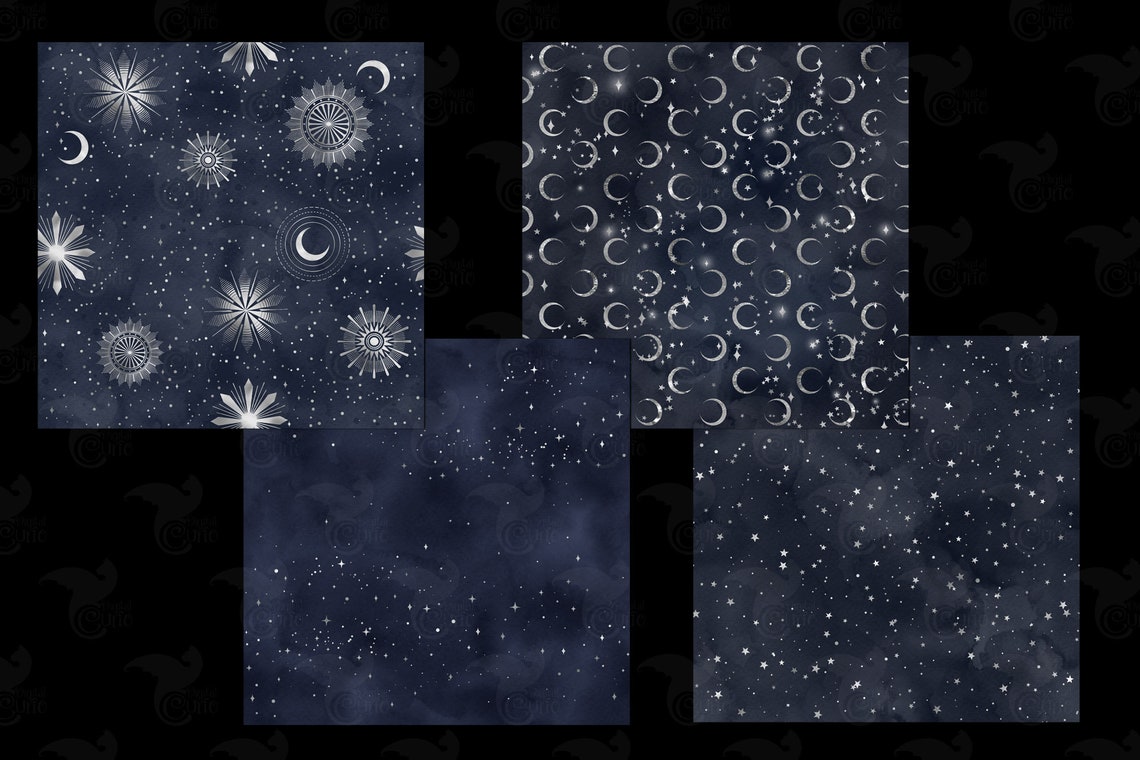 Silver Starry Night Digital Paper, Celestial Scrapbook (digital ...