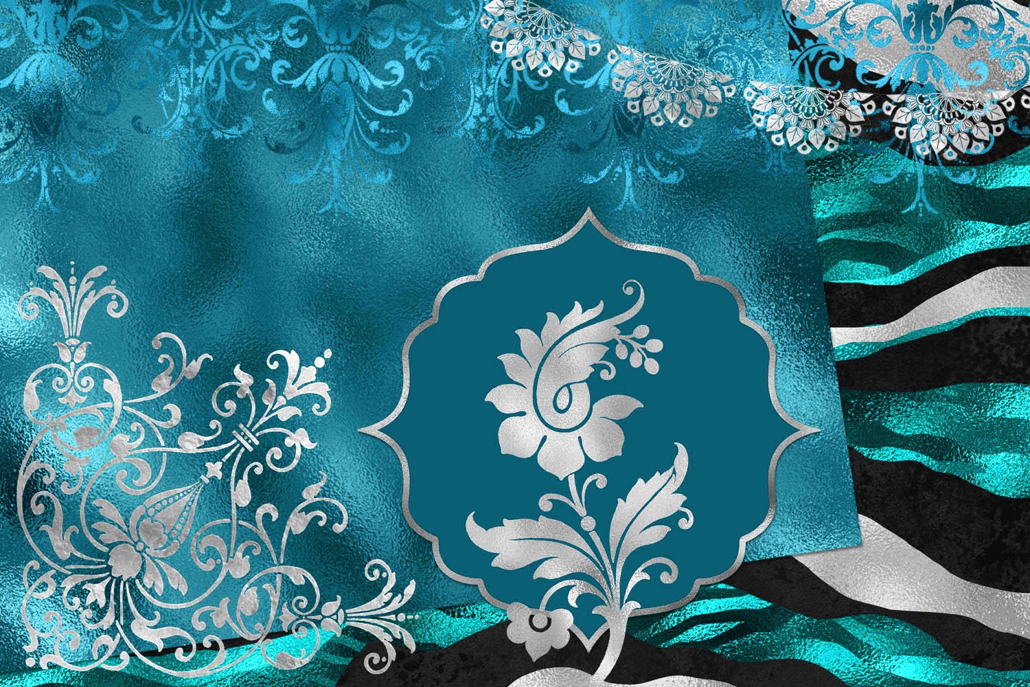 Turquoise and Silver Digital Scrapbooking Kit, Clipart and Seamless ...