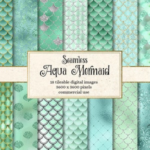 Aqua Mermaid Digital Paper, Mermaid Scales, Mermaid Glitter Seamless ...