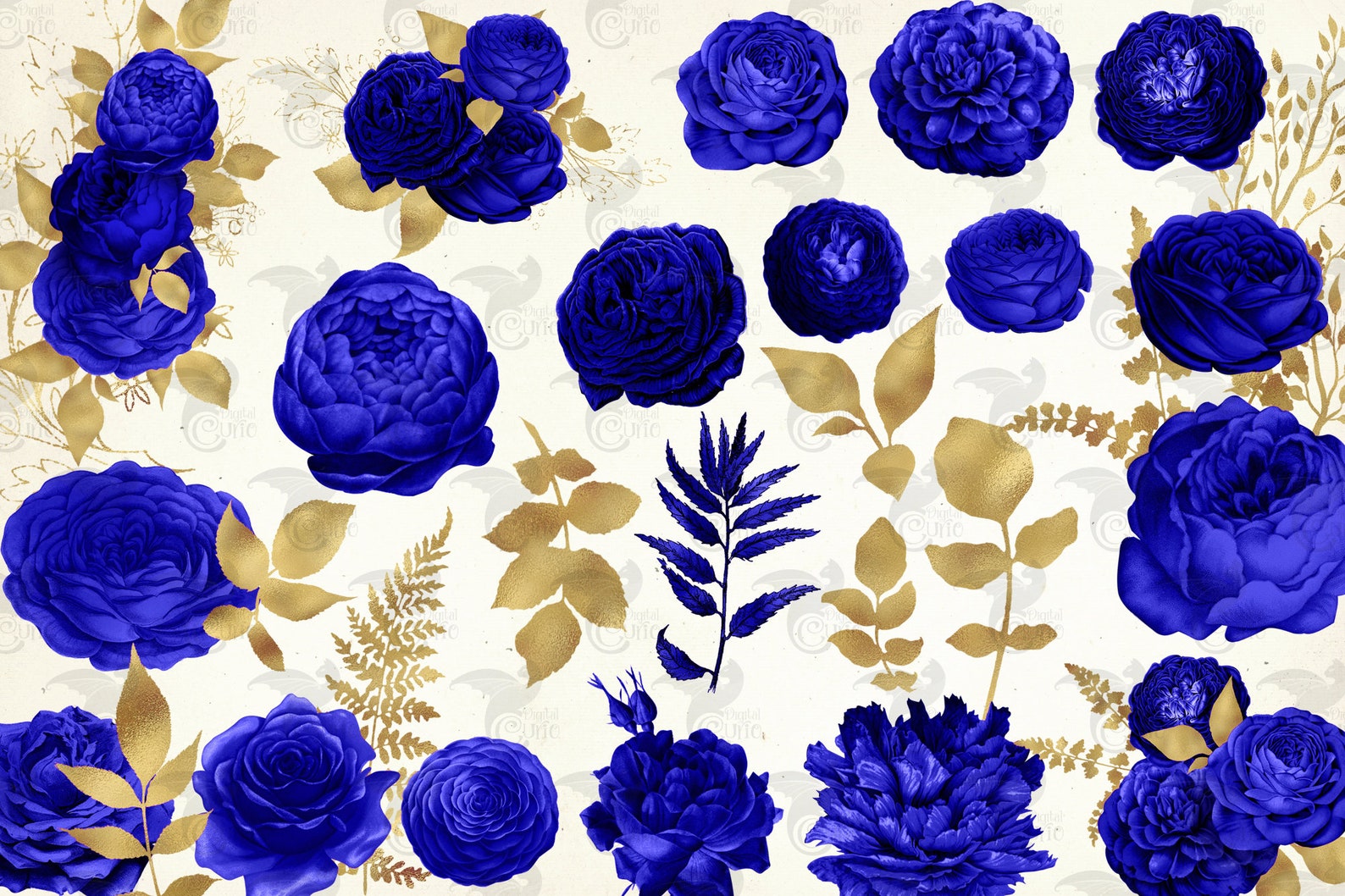 Royal Blue and Gold Floral Elements Clip Art - Digital Clipart Graphics ...