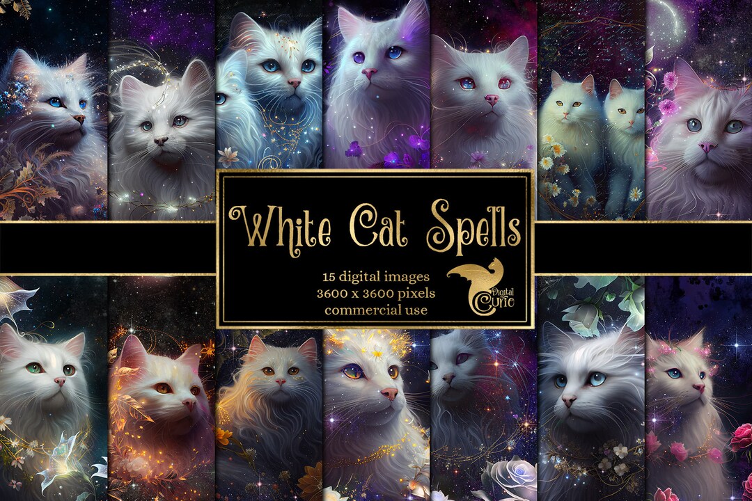 White Cat Spells Digital Paper - Celestial Fantasy Cats Grunge Textures ...