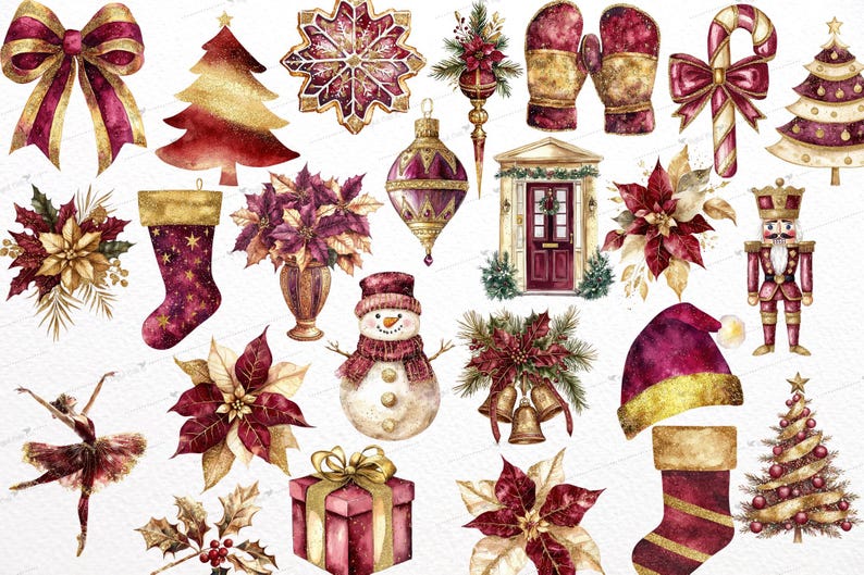 Burgundy and Gold Christmas Clipart - Watercolor Holiday Graphics (PNG ...