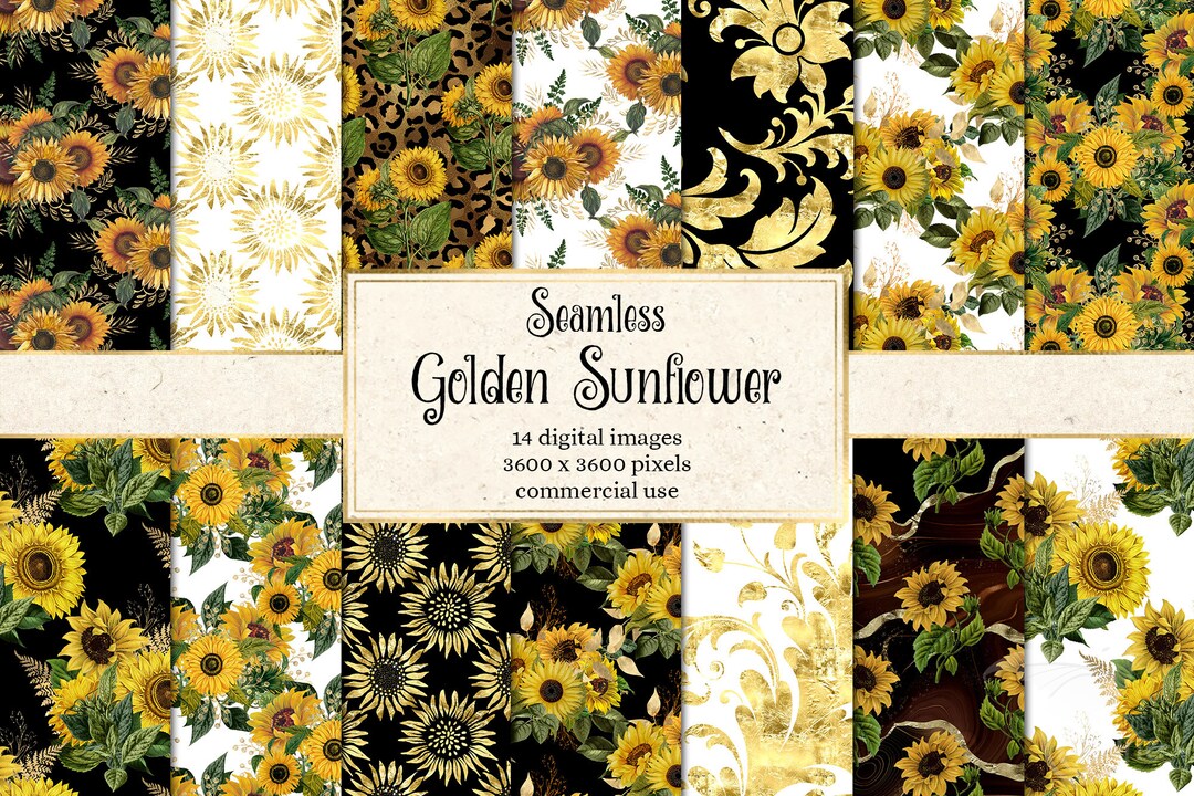 Golden Sunflower Digital Paper, Seamless Sunflower Patterns for Instant ...