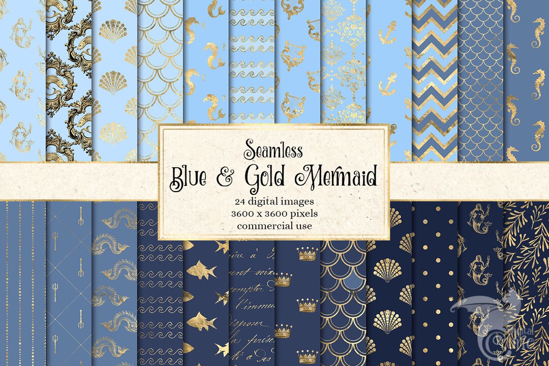Blue and Gold Mermaid Digital Paper, Seamless Tileable Patterns ...
