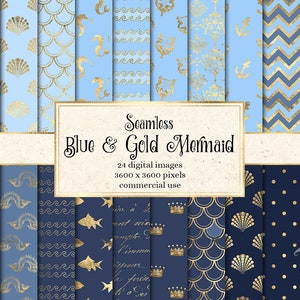 Blue and Gold Mermaid Digital Paper, Seamless Gold Mermaid Patterns ...