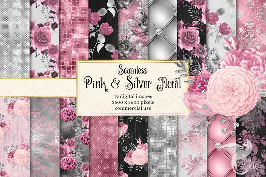 Pink and Silver Floral Digital Paper, Seamless Pink Rose Printable ...