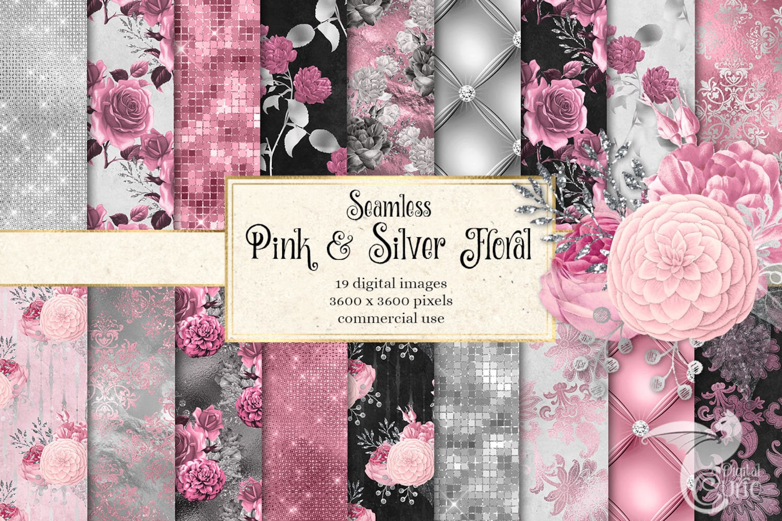 Pink and Silver Floral Digital Paper Seamless Pink Rose - Etsy