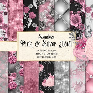 Pink Silver Floral Digital Paper: Seamless Rose Scrapbook Patterns ...