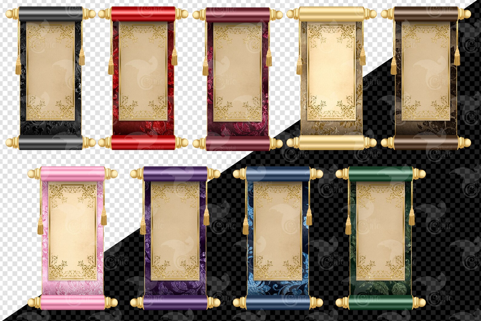 Ornate Velvet Scrolls Clipart - Gold Accents, Fantasy Designs (digital ...
