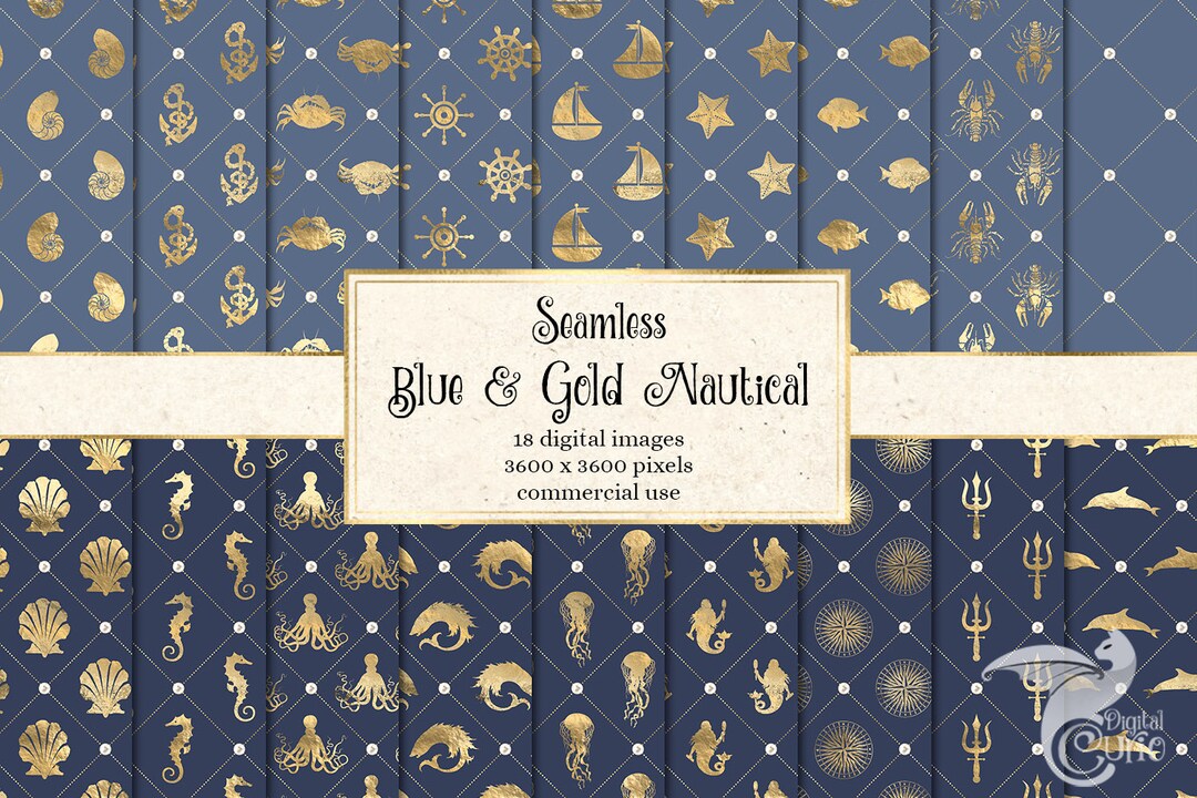 Blue and Gold Nautical Digital Paper, Ornate Seamless Patterns With ...