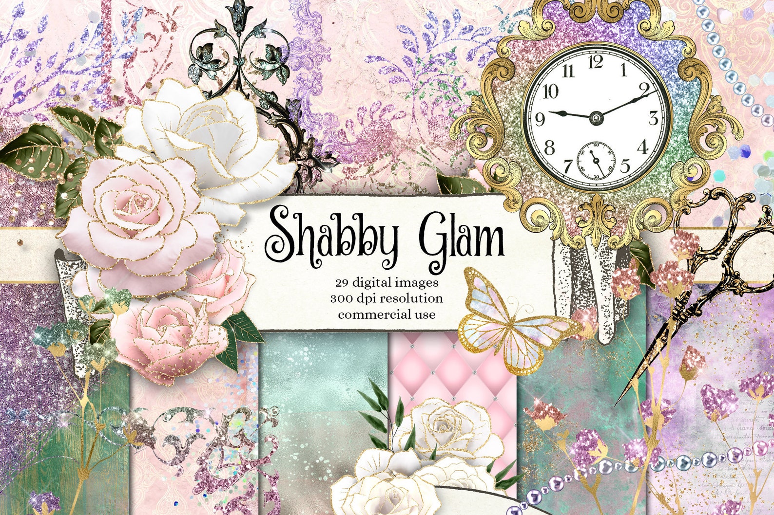 Shabby Glam Graphics With Glitter Lace Diamonds and Pearls - Etsy