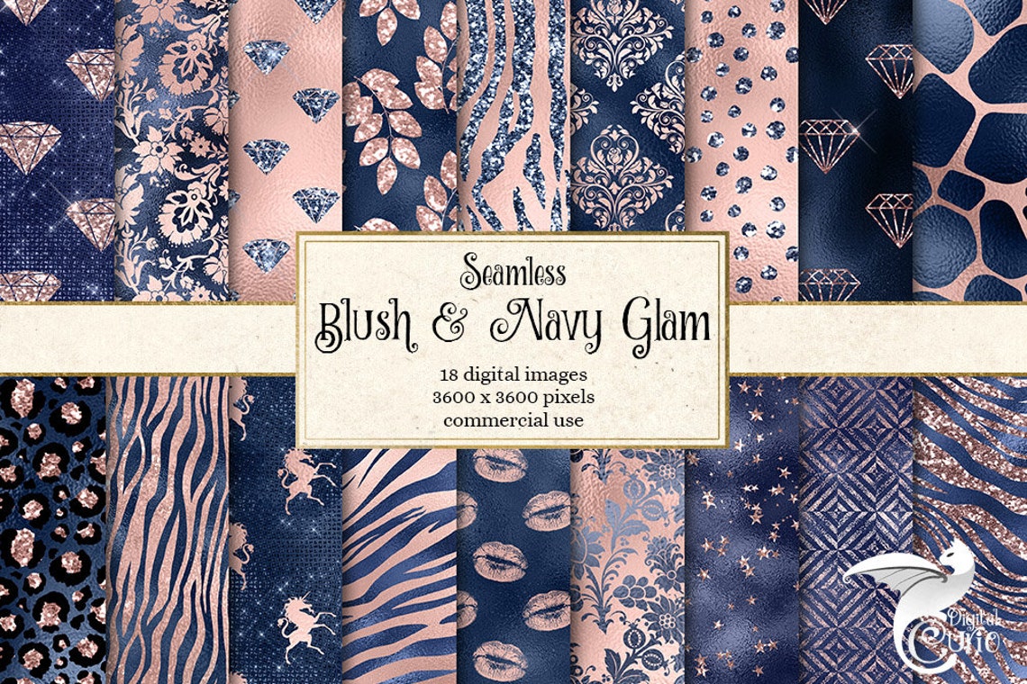 Blush and Navy Glam Digital Paper Seamless Navy Blue and - Etsy