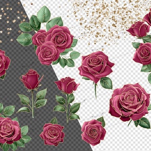 Burgundy and Gold Glam Rose Clip Art, Digital Instant Download Glitter ...