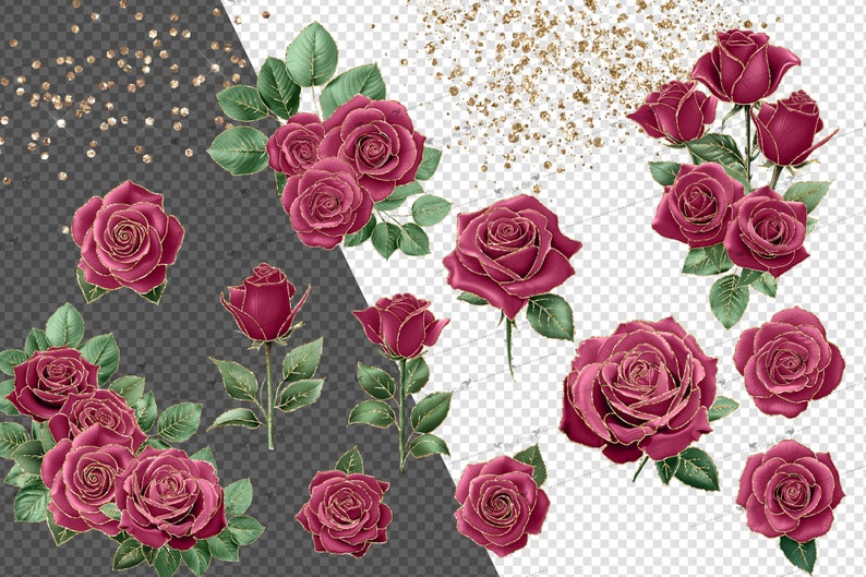 Burgundy and Gold Rose Clip Art, Glitter Flower PNG (digital Download ...