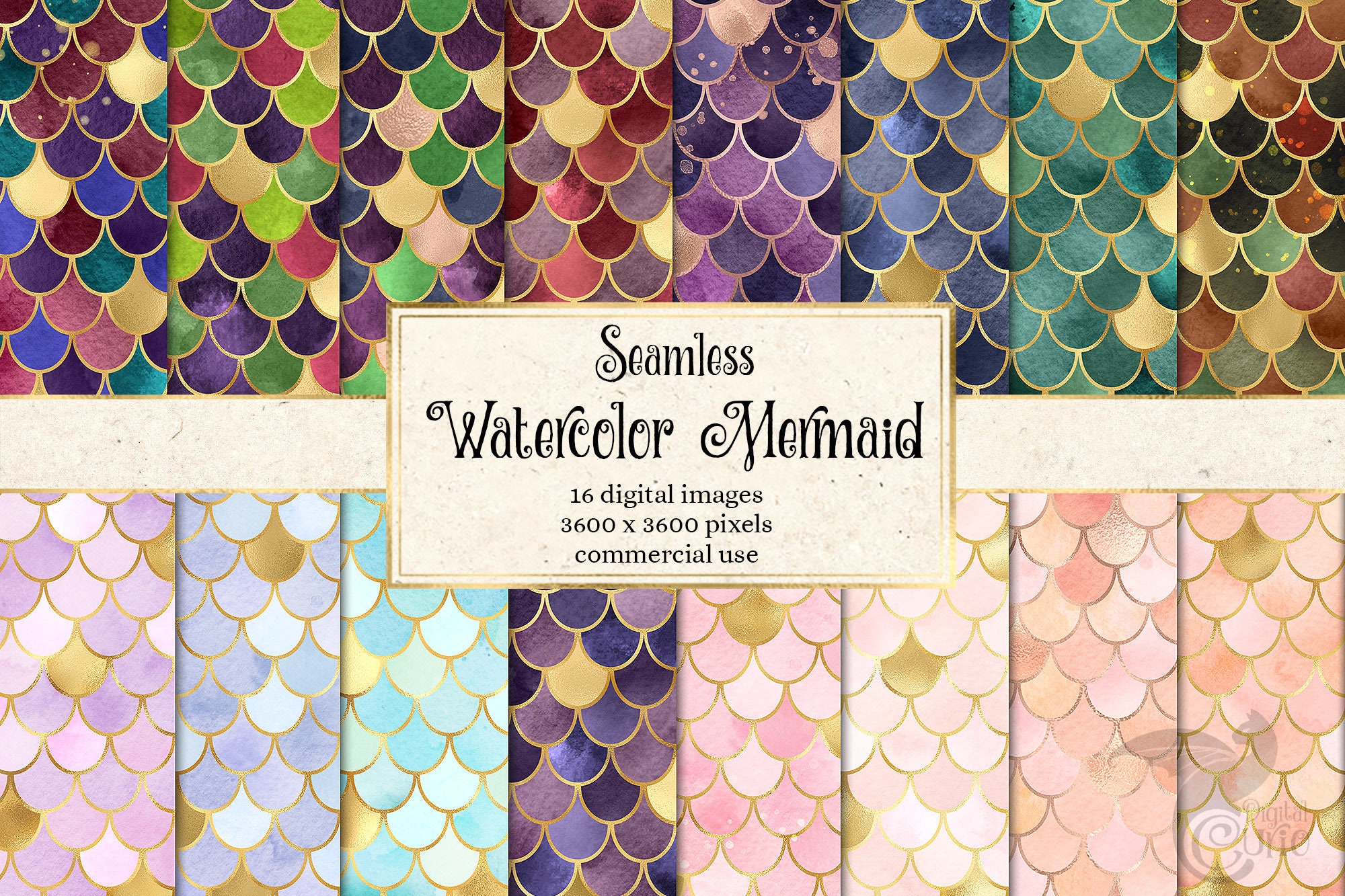 Watercolor Mermaid Scales Digital Paper, Gold Foil (digital Download ...