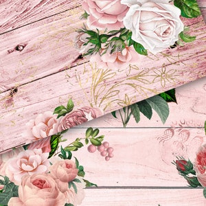 Blush Floral Wood Digital Paper, Shabby Pink Flowers and Wood ...
