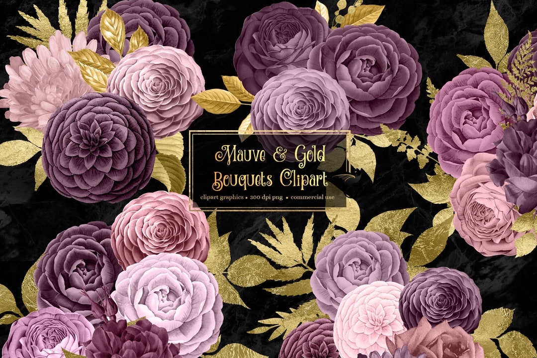 Mauve and Gold Floral Bouquets Clipart, Digital Instant Download Blush ...