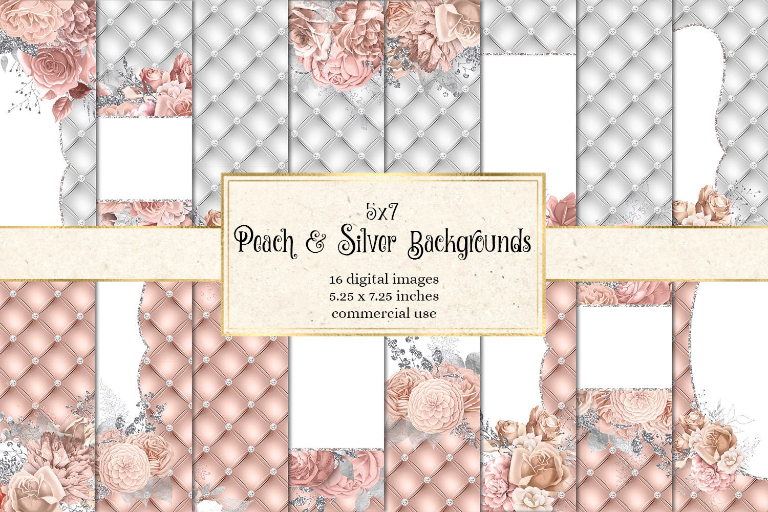 Peach Silver Floral Invitation Backgrounds, 5x7 Journal Pages (digital ...
