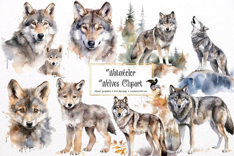 Watercolor Wolves Clipart – Forest Animals PNG, Commercial Use (digital ...