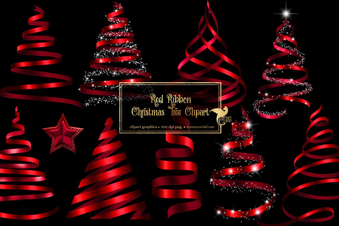 Red Ribbon Christmas Tree Clipart - Glitter Holiday PNG Graphics ...