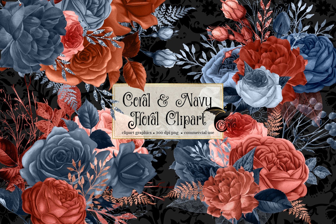 Coral and Navy Floral Clipart, Rustic Flower Bouquets (PNG, Instant ...