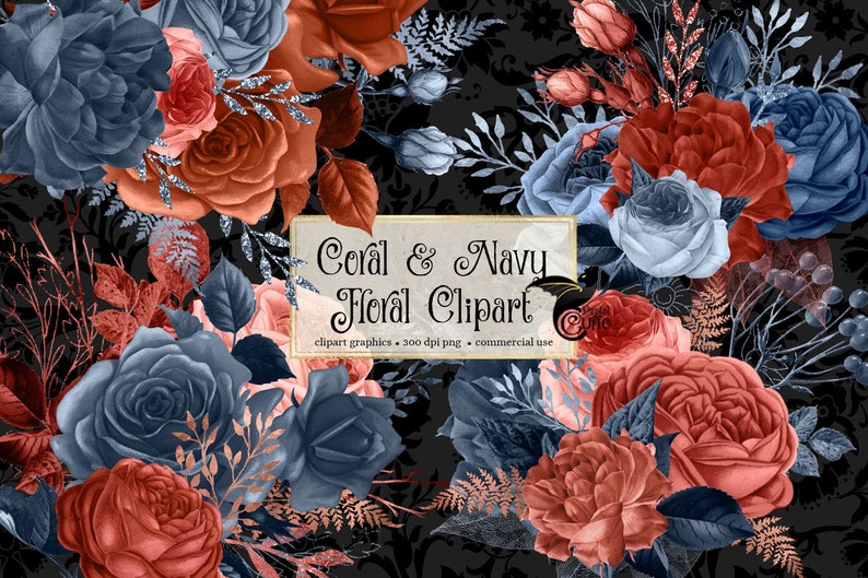 Coral and Navy Floral Clipart, Rustic Flower Bouquets (PNG, Instant ...