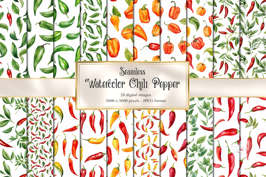 Watercolor Chili Pepper Digital Paper, Seamless Vegetable Printable ...