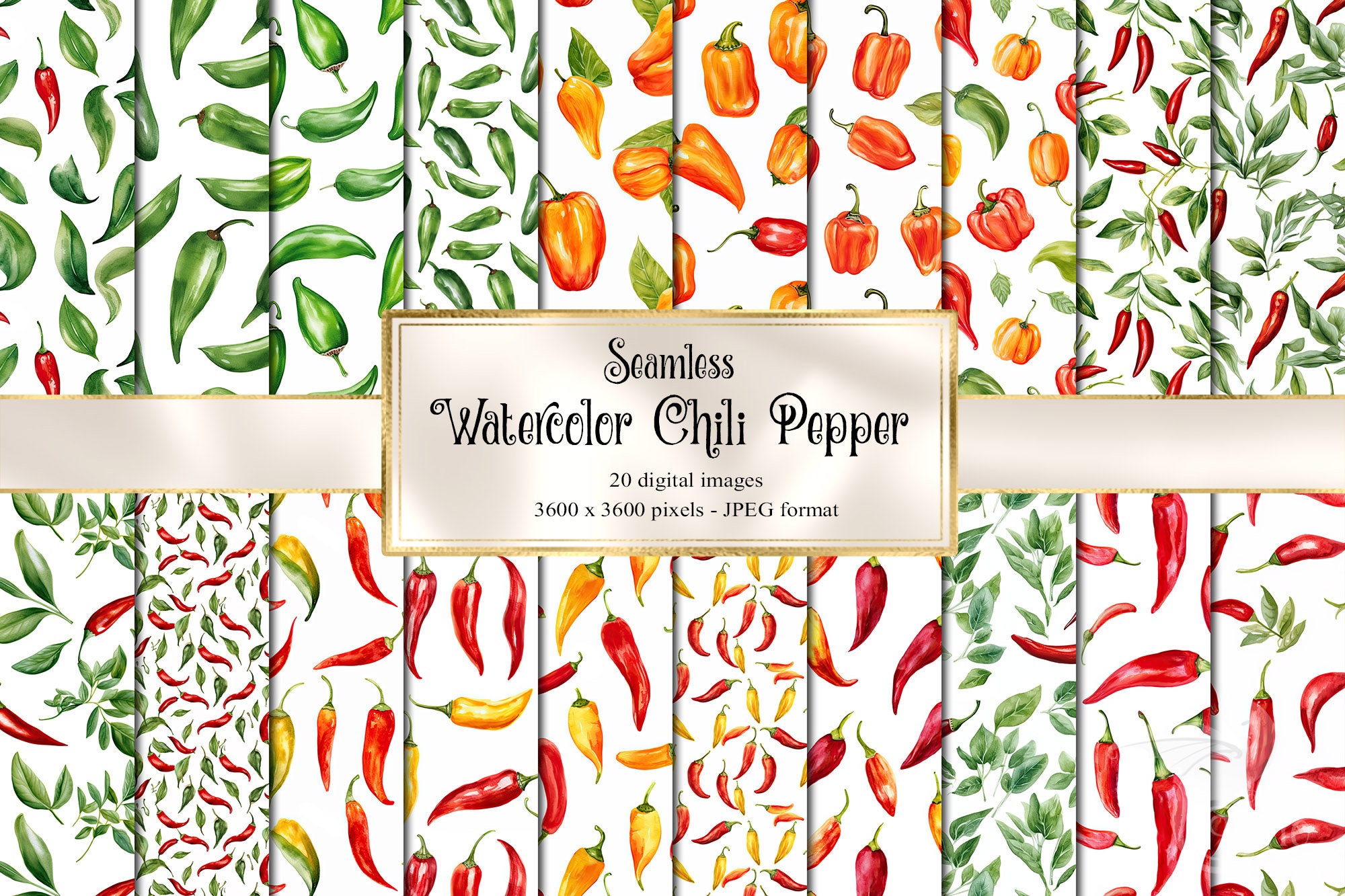 Watercolor Chili Pepper Digital Paper, Seamless Vegetable Print ...